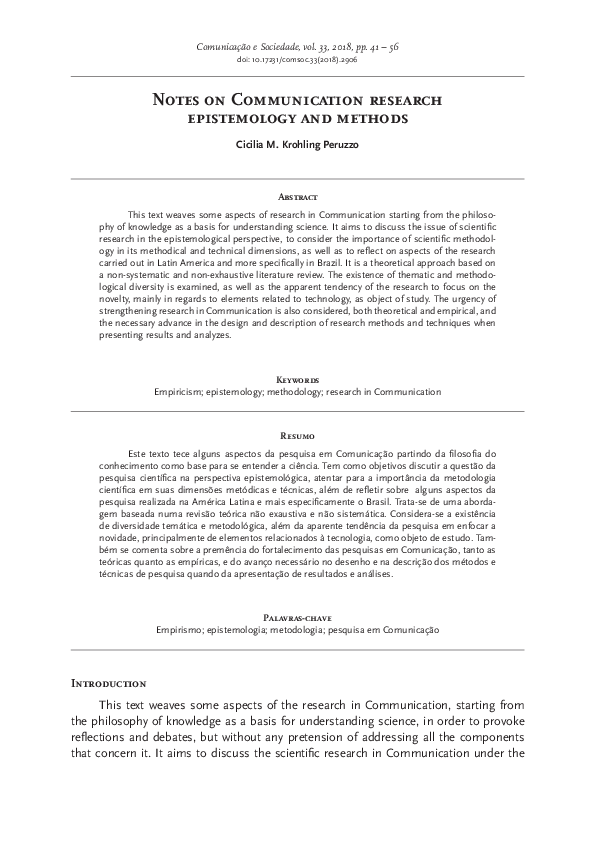(PDF) Notes on Communication research epistemology and methods