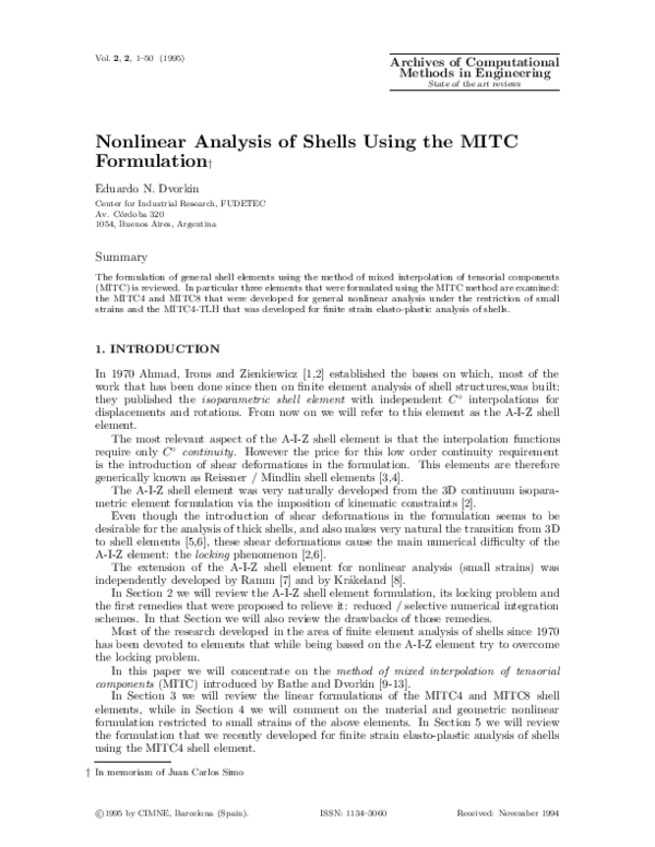 Pdf Nonlinear Analysis Of Shells Using The Mitc Formulation