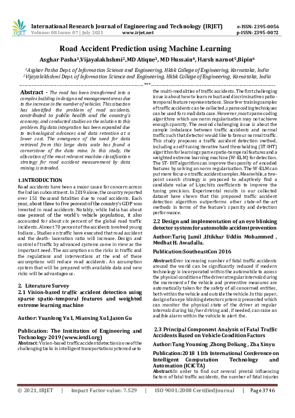 Pdf Irjet Road Accident Prediction Using Machine Learning