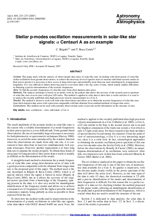 (PDF) Stellar p-modes oscillation measurements in solar-like star ...