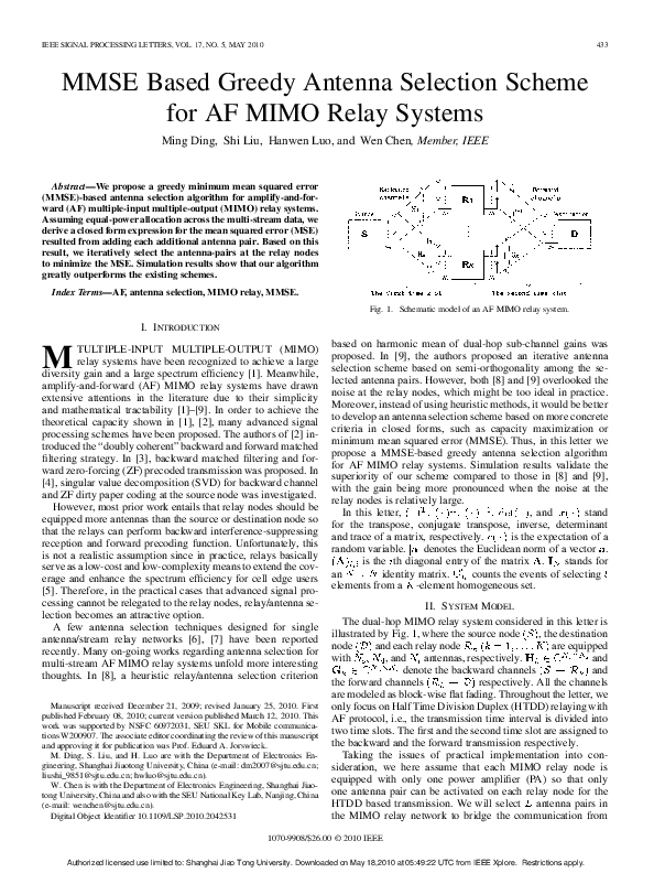 (PDF) MMSE Based Greedy Antenna Selection Scheme for AF MIMO Relay Systems
