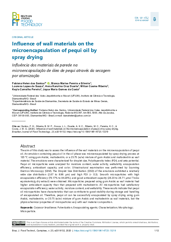 (PDF) Influence of wall materials on the microencapsulation of pequi ...