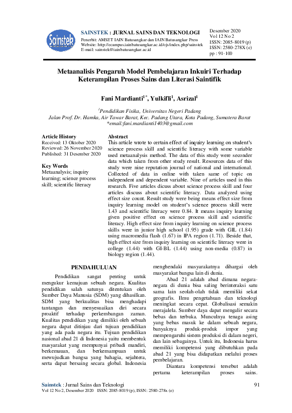 (PDF) Metaanalisis Pengaruh Model Pembelajaran Inkuiri Terhadap Keterampilan Proses Sains dan ...