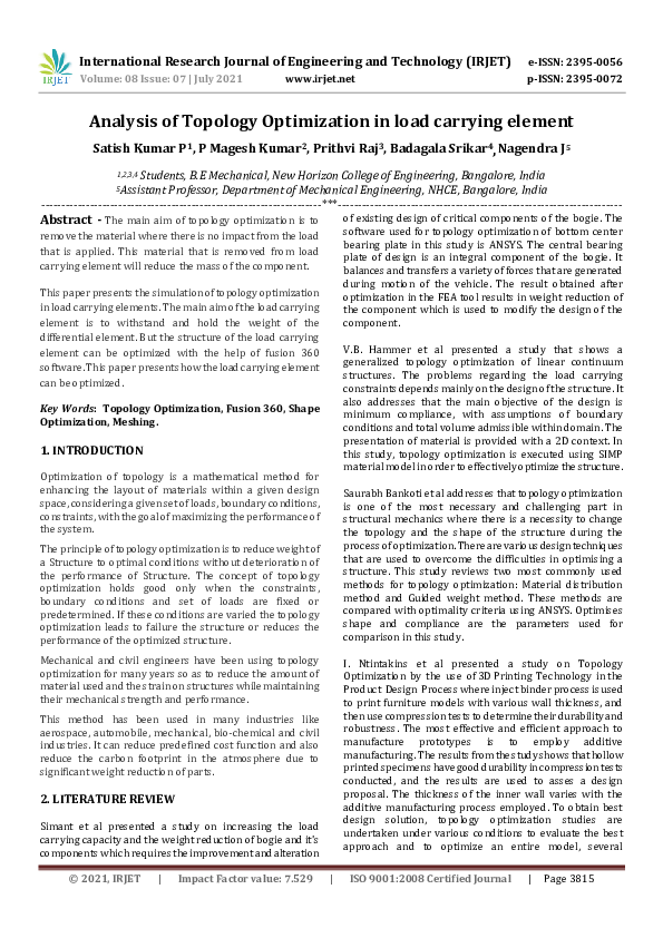 Pdf Irjet Analysis Of Topology Optimization In Load Carrying Element