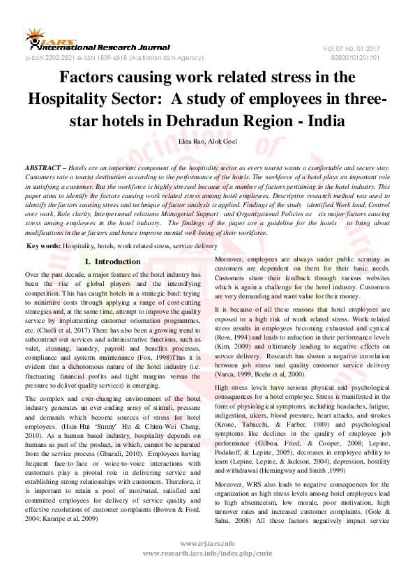(PDF) Factors causing work related stress in the Hospitality Sector: A ...