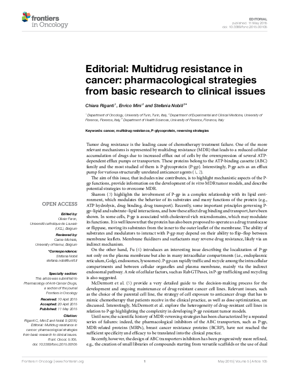 (PDF) Editorial: Multidrug Resistance in Cancer: Pharmacological ...