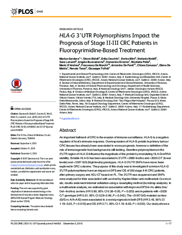 (PDF) HLA-G 3’UTR Polymorphisms Impact the Prognosis of Stage II-III CRC Patients in ...