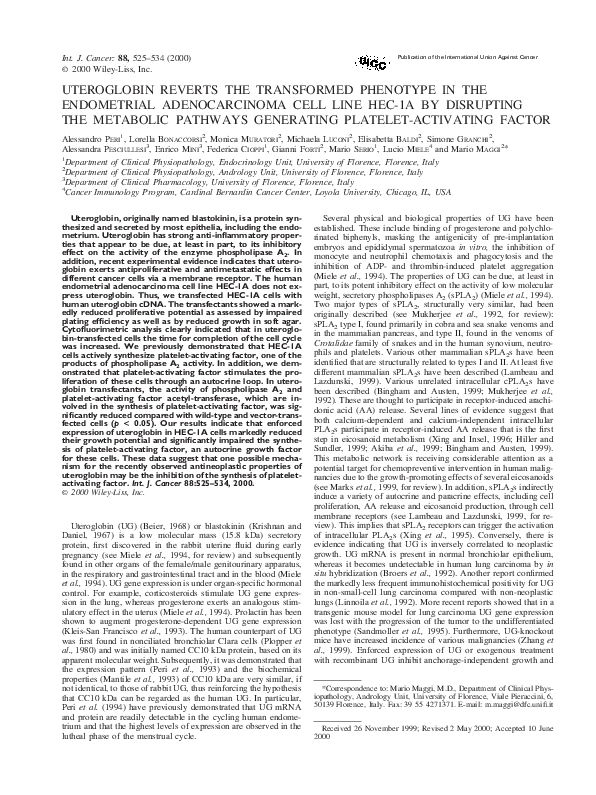 (PDF) Uteroglobin reverts the transformed phenotype in the endometrial ...