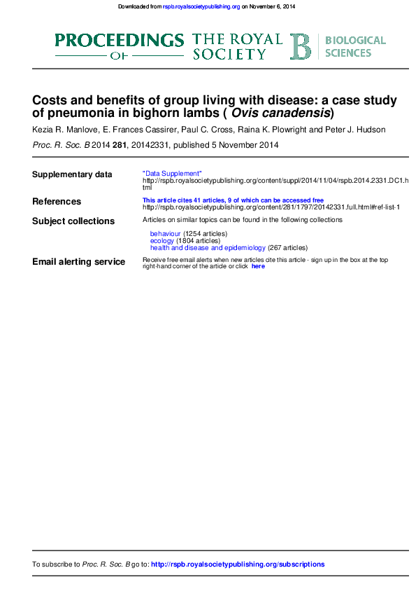 (PDF) Costs and benefits of group living with disease: a case study of pneumonia in bighorn ...