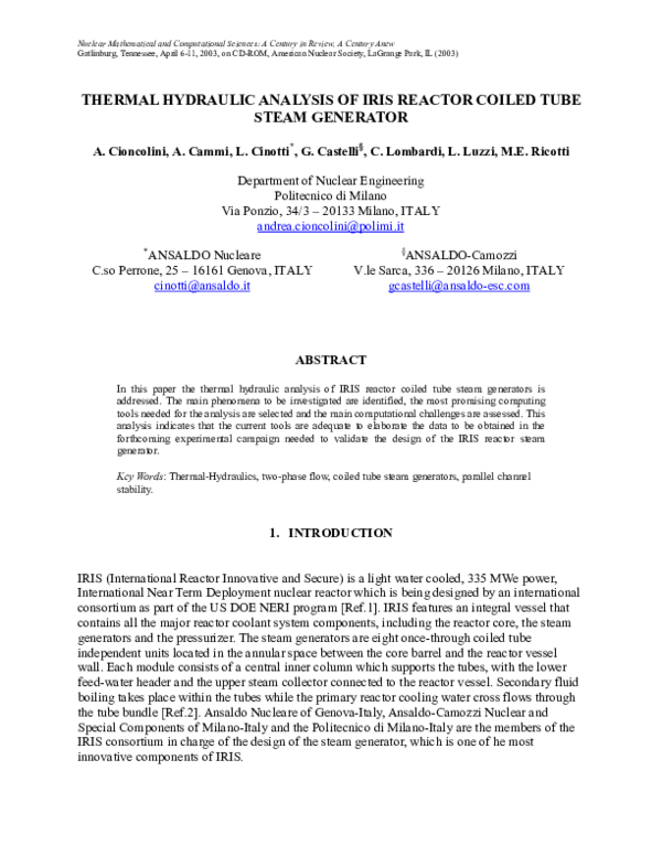 (PDF) Thermal hydraulic analysis of iris reactor coiled tube steam ...