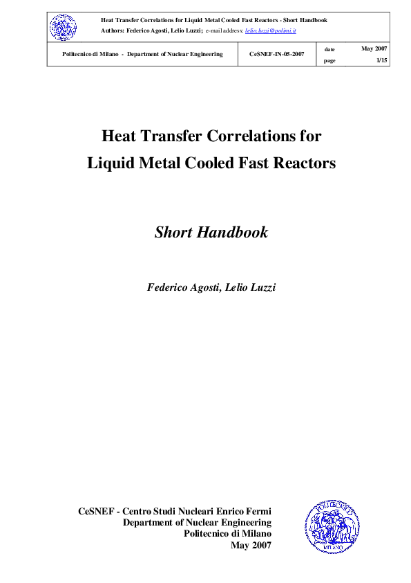 (PDF) Heat Transfer Correlations for Liquid Metal Cooled Fast Reactors ...