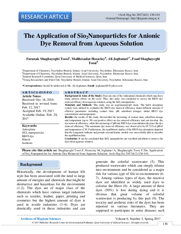 Pdf The Application Of Sio2 Nanoparticles For Anionic Dye Removal From Aqueous Solution