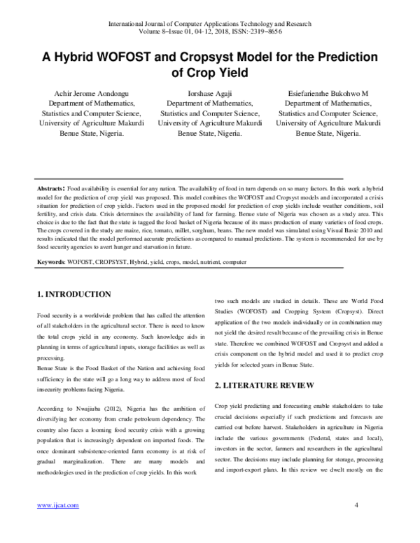(PDF) A Hybrid WOFOST and Cropsyst Model for the Prediction of Crop Yield