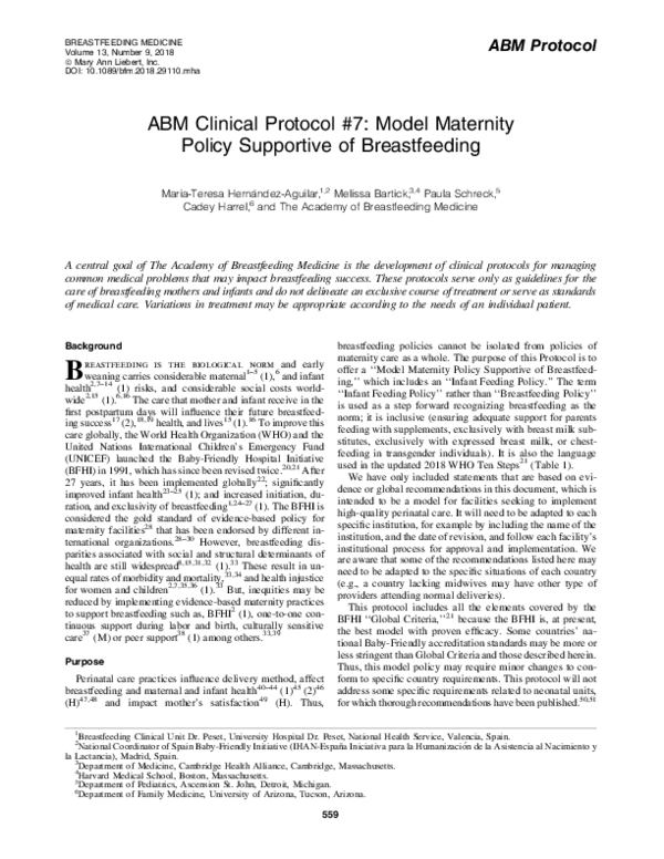 (PDF) ABM Clinical Protocol #7: Model Maternity Policy Supportive of ...