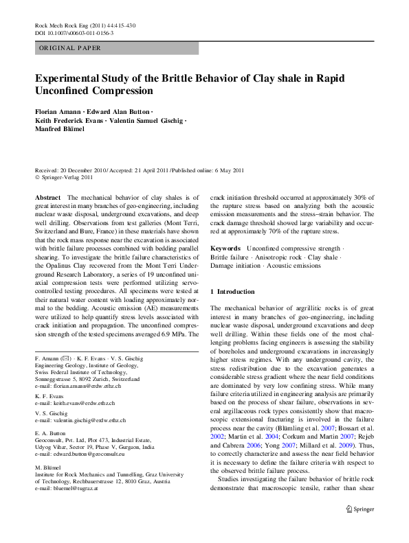 (PDF) Experimental Study of the Brittle Behavior of Clay shale in Rapid Unconfined Compression
