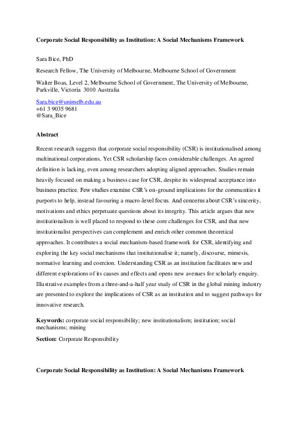 (PDF) Corporate Social Responsibility as Institution: A Social ...
