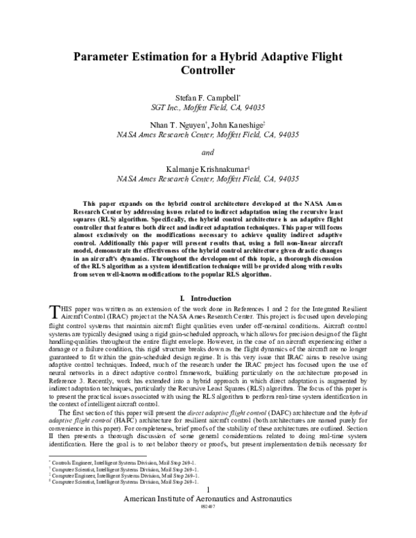 Pdf Parameter Estimation For A Hybrid Adaptive Flight Controller
