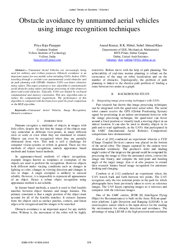 Pdf Obstacle Avoidance By Unmanned Aerial Vehicles Using Image Recognition Techniques