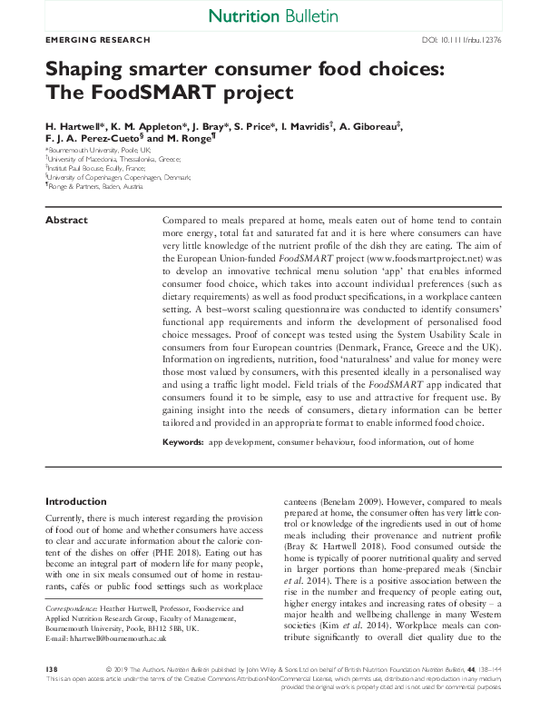 (PDF) Shaping smarter consumer food choices: The Food SMART project