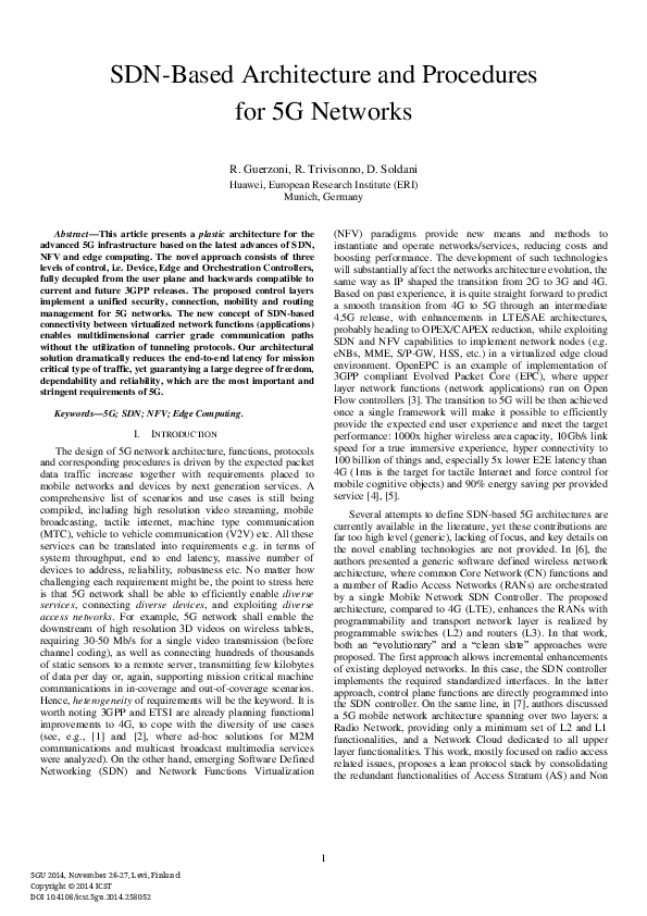Pdf Sdn Based Architecture And Procedures For 5g Networks