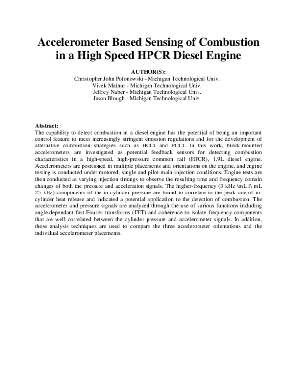 (PDF) Accelerometer Based Sensing of Combustion in a High Speed HPCR Diesel Engine