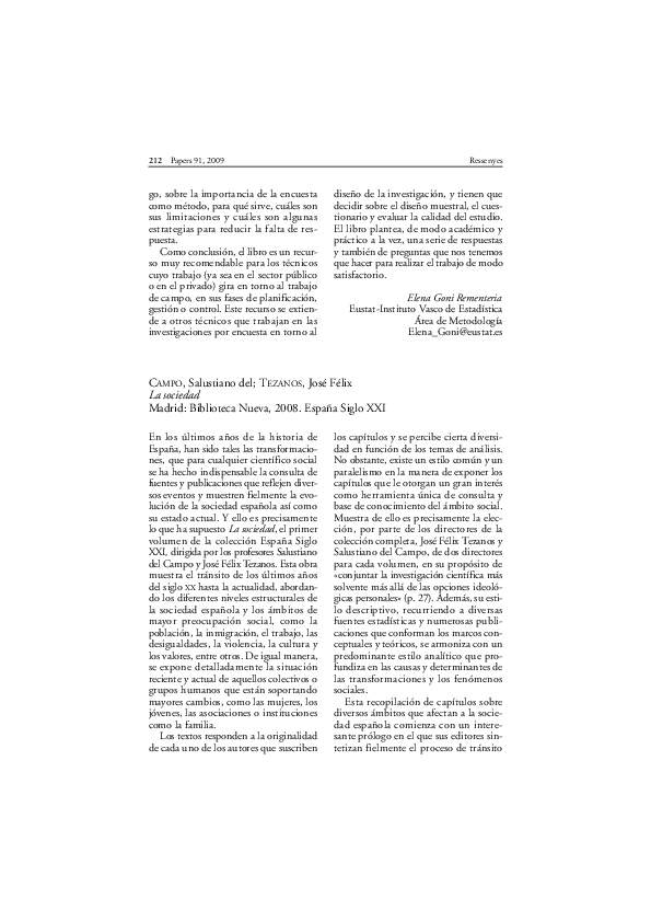 (PDF) Campo, Salustiano del; Tezanos, José Félix (2008). La sociedad