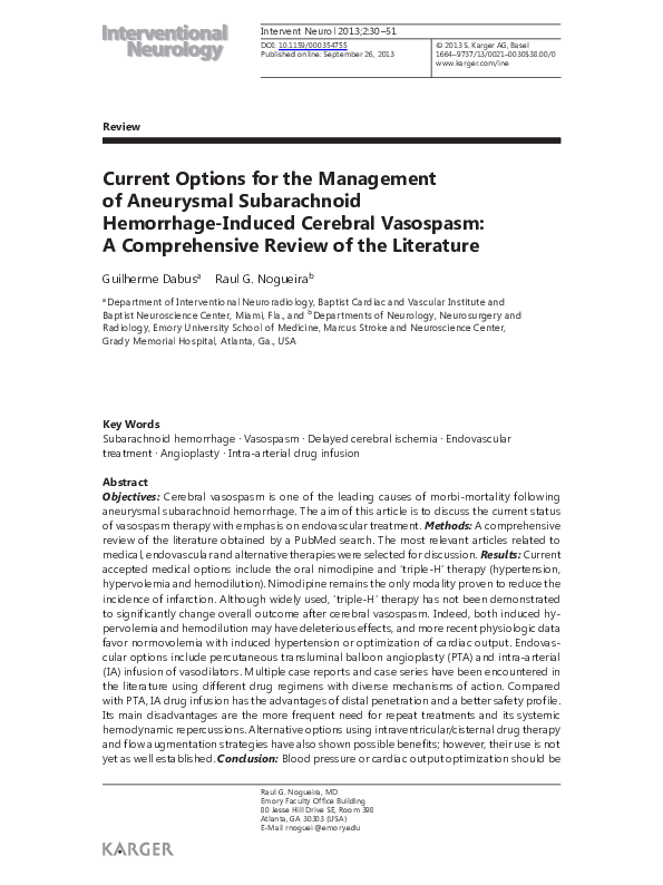 (PDF) Current Options for the Management of Aneurysmal Subarachnoid Hemorrhage-Induced Cerebral ...