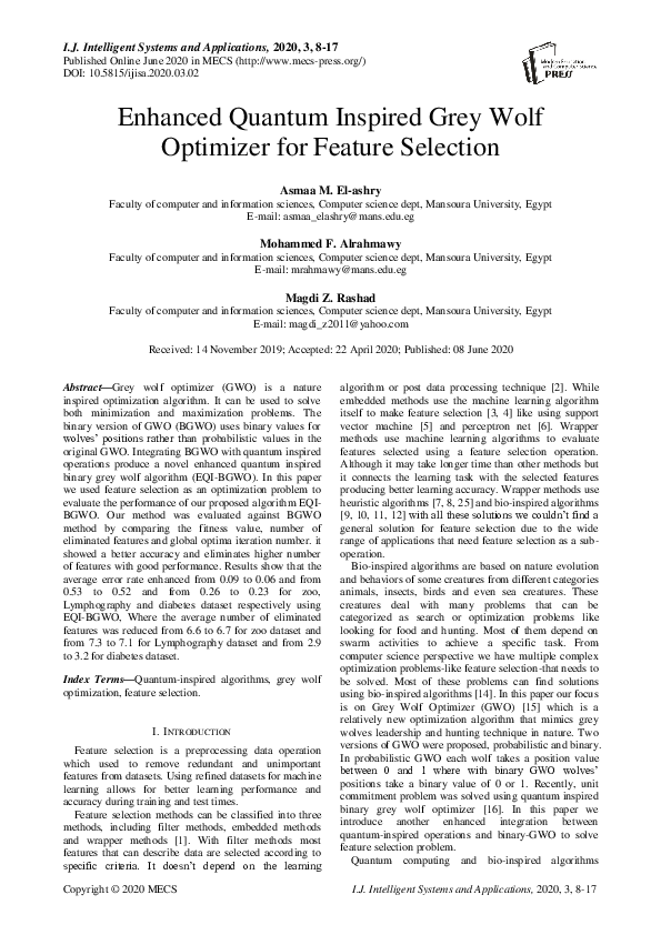 (PDF) Enhanced Quantum Inspired Grey Wolf Optimizer for Feature Selection (PDF) Enhanced Quantum Inspired Grey Wolf Optimizer for Feature Selection
