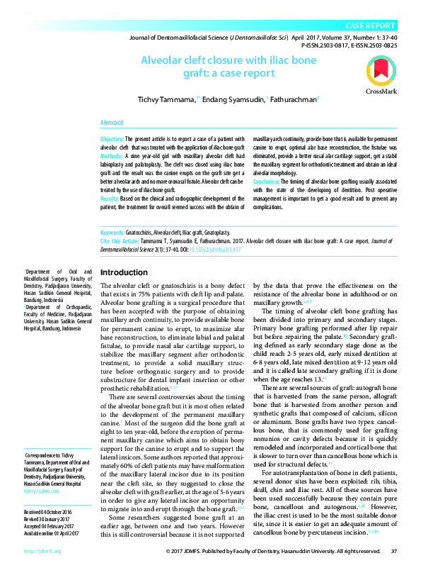 (PDF) Alveolar cleft closure with iliac bone graft: A case report