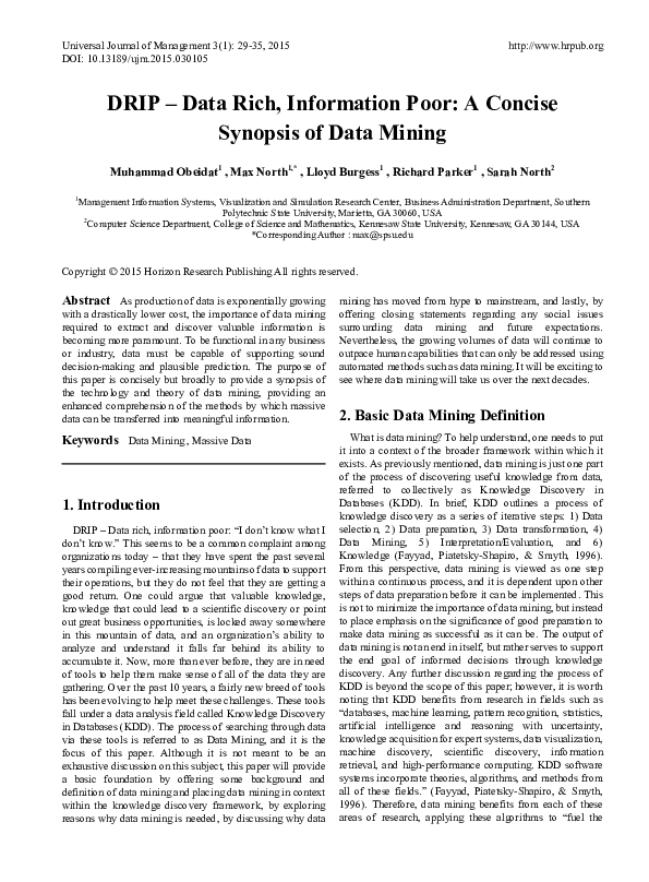 (PDF) DRIP – Data Rich, Information Poor: A Concise Synopsis of Data Mining