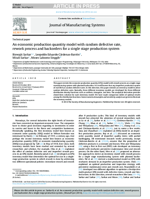 Pdf An Economic Production Quantity Model With Random Defective Rate Rework Process And