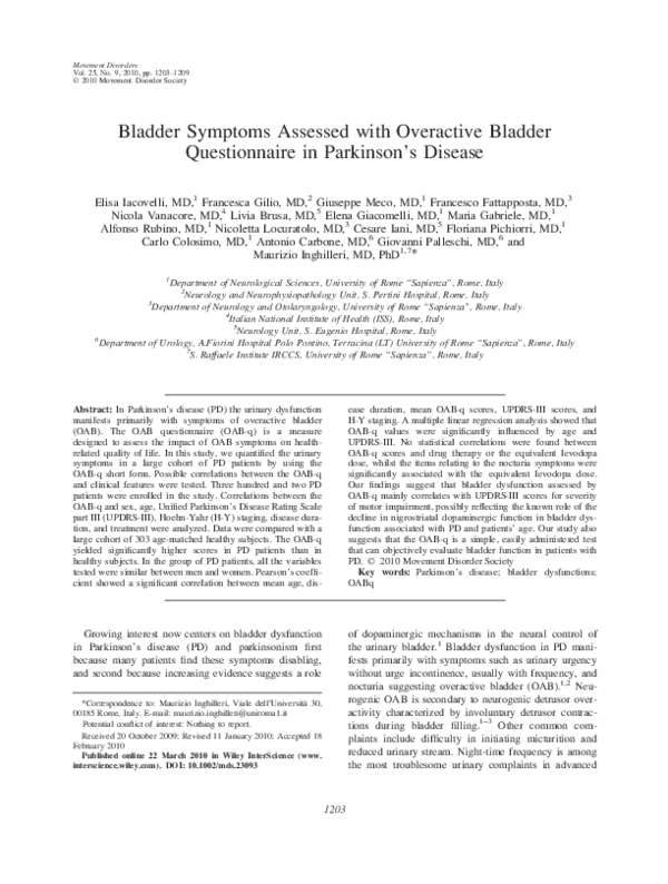 (PDF) Bladder symptoms assessed with overactive bladder questionnaire ...
