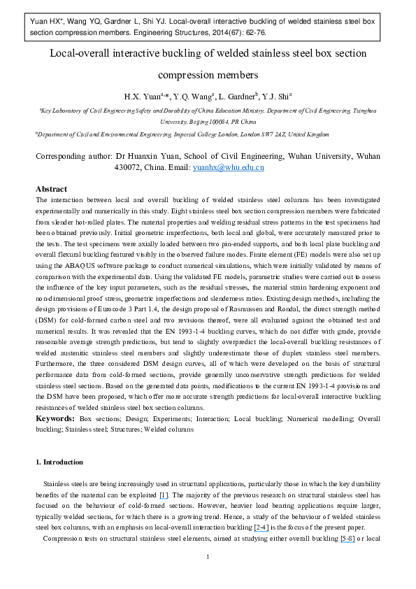 (PDF) Local–overall interactive buckling of welded stainless steel box ...
