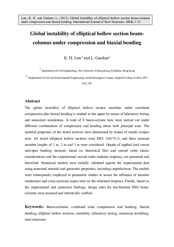 (PDF) Global instability of elliptical hollow section beam-columns ...