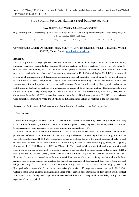 (PDF) Stub column tests on stainless steel built-up sections