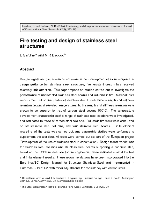 (PDF) Fire testing and design of stainless steel structures