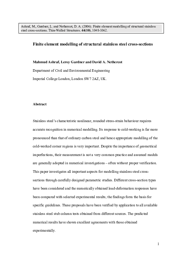 Pdf Finite Element Modelling Of Structural Stainless Steel Cross