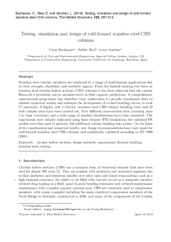 (PDF) Testing, simulation and design of cold-formed stainless steel CHS ...