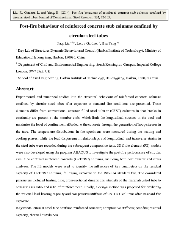(PDF) Post-fire behaviour of reinforced concrete stub columns confined by circular steel tubes