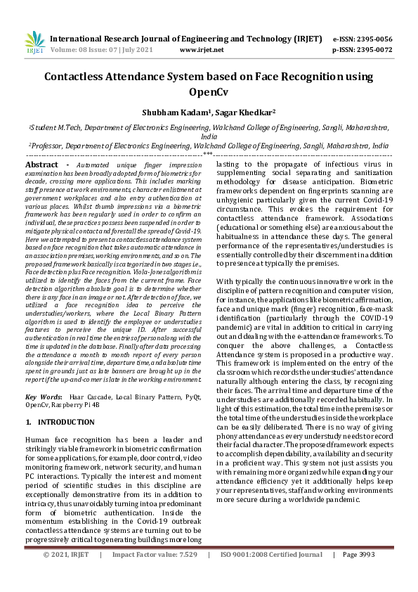 (PDF) IRJET- Contactless Attendance System based on Face Recognition ...