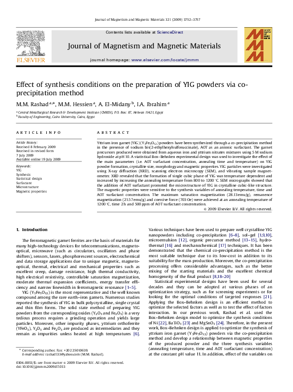 (PDF) Effect of synthesis conditions on the preparation of YIG powders ...