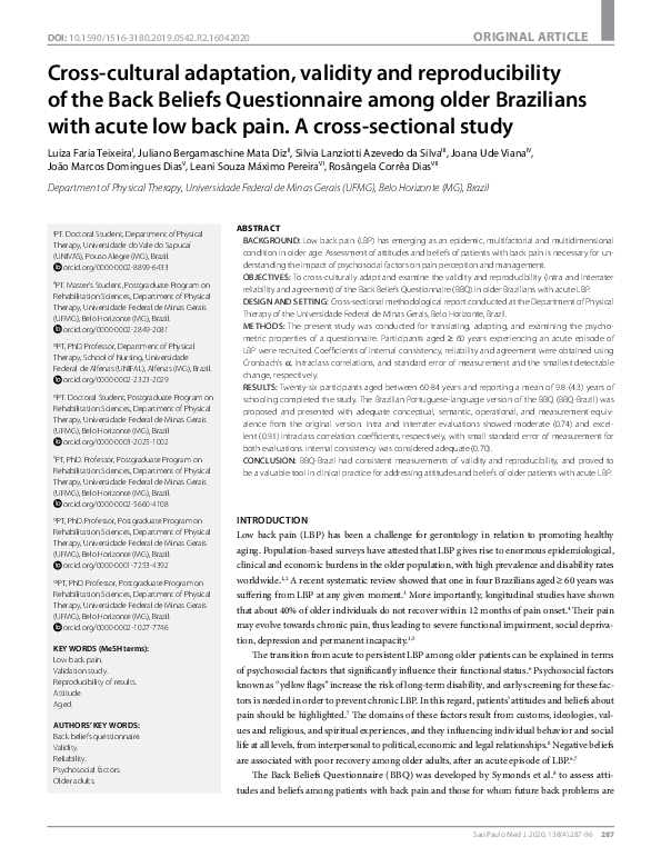 (PDF) Cross-cultural adaptation, validity and reproducibility of the Back Beliefs Questionnaire ...