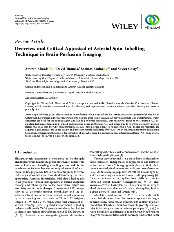 (PDF) Overview and Critical Appraisal of Arterial Spin Labelling ...