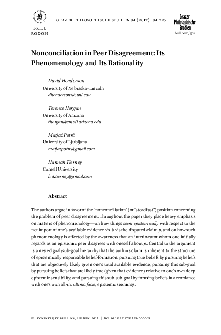 (PDF) Nonconciliation in Peer Disagreement: Its Phenomenology and Its ...