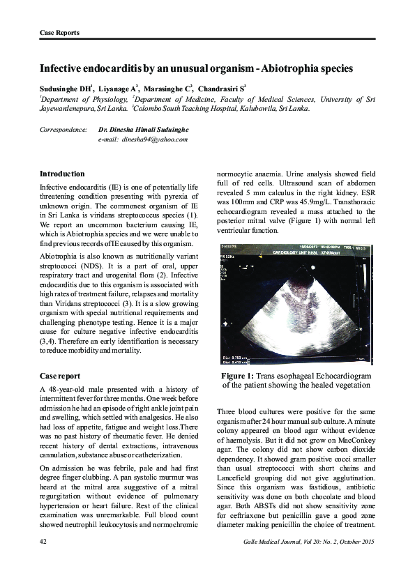 (PDF) Infective endocarditis by an unusual organism - Abiotrophia species