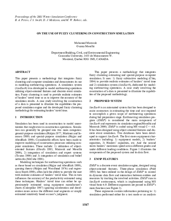 Pdf On The Use Of Fuzzy Clustering In Construction Simulation