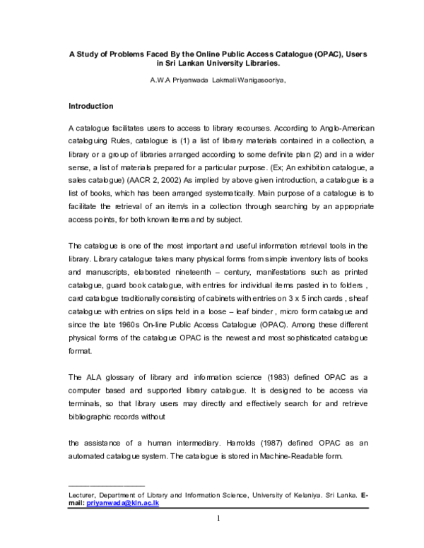 (PDF) A Study of Problems Faced By the Online Public Access Catalogue ...