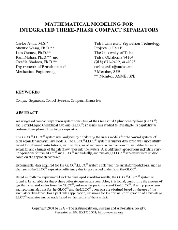 Pdf Mathematical Modeling For Integrated Three Phase Compact Separators