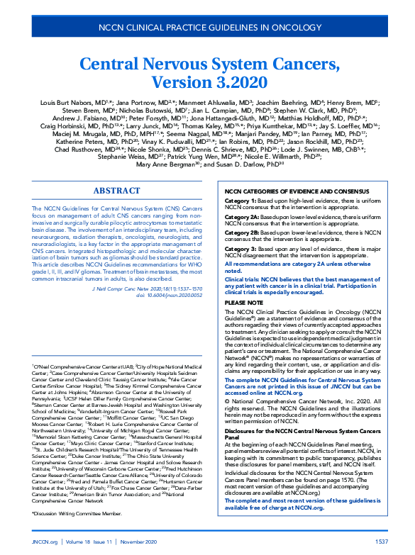 (PDF) Central Nervous System Cancers, Version 3.2020, NCCN Clinical Practice Guidelines in Oncology