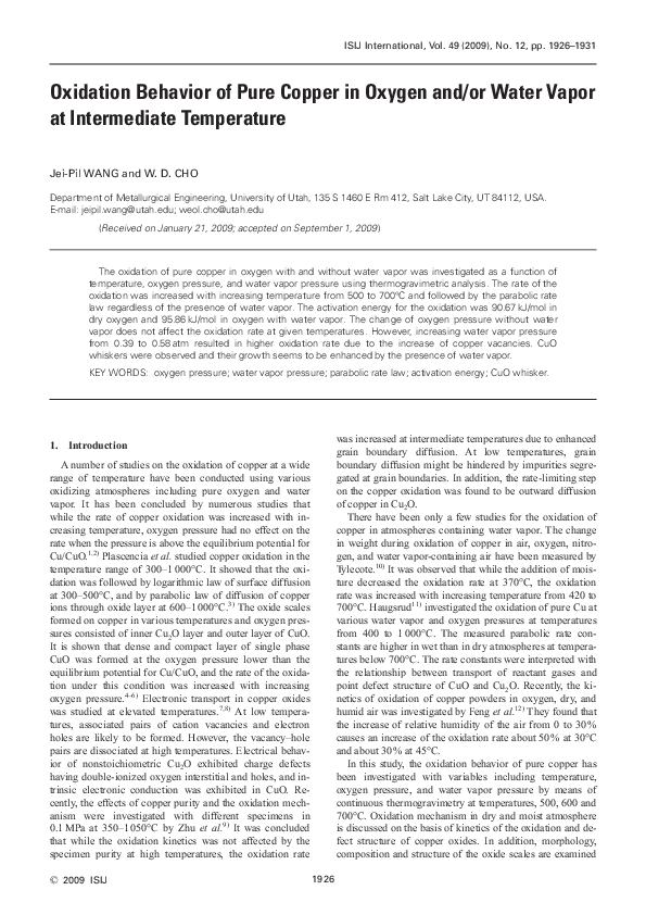 (PDF) Oxidation Behavior of Pure Copper in Oxygen and/or Water Vapor at ...